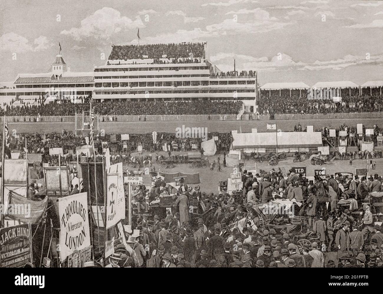 A late 19th century view of Derby Day at Epsom racecourse on Epsom ...