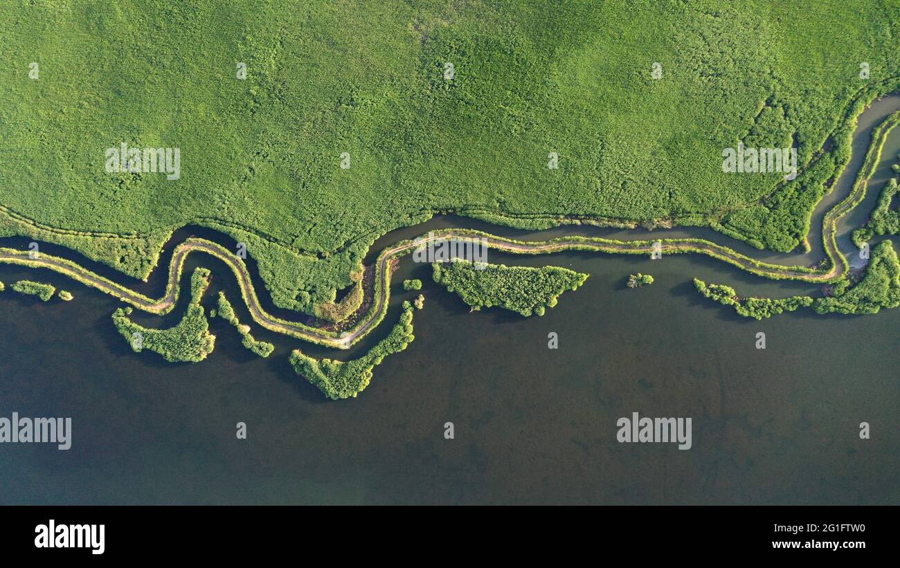 BOZHOU, CHINA - JUNE 7, 2021 - Aerial view of Bosten Lake Wetland in ...