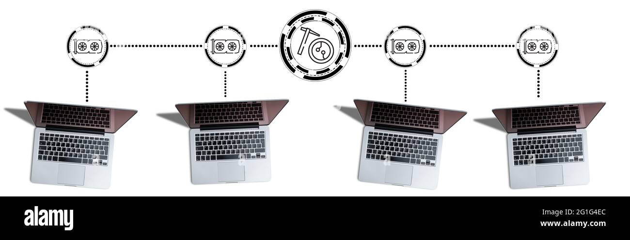 Several laptops are connected to one farm for mining cryptocurrency ...