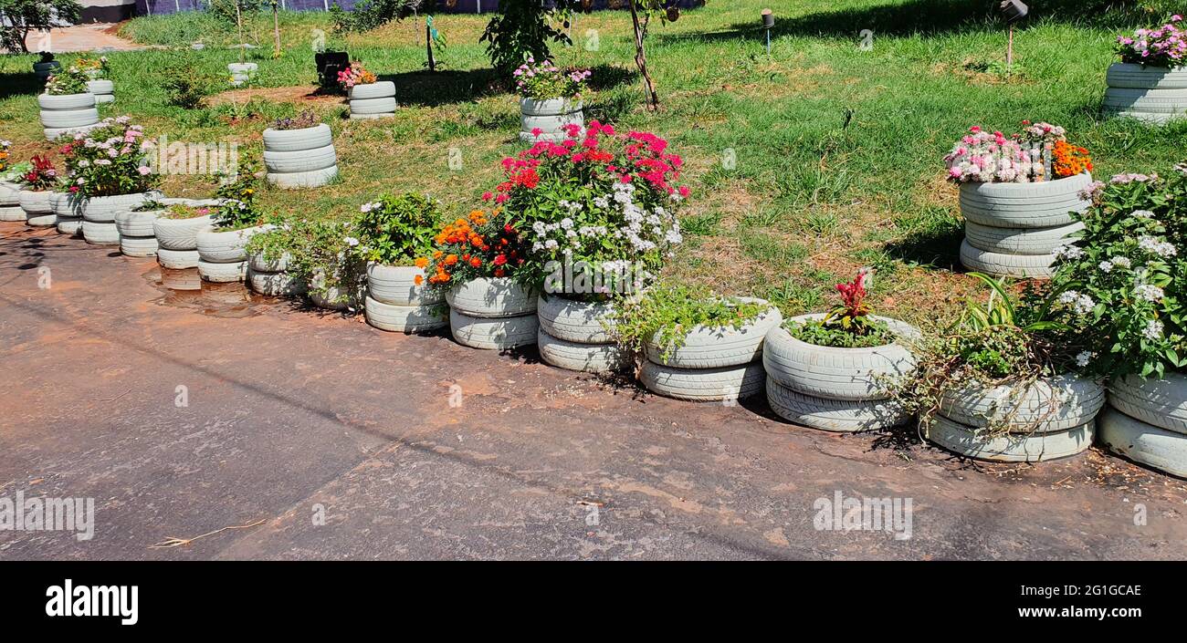 Colorful Flower Garden Made from Recyclable Materials. Simple lifestyle ...