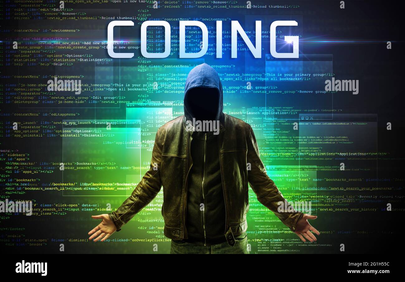 Faceless hacker on code background Stock Photo - Alamy