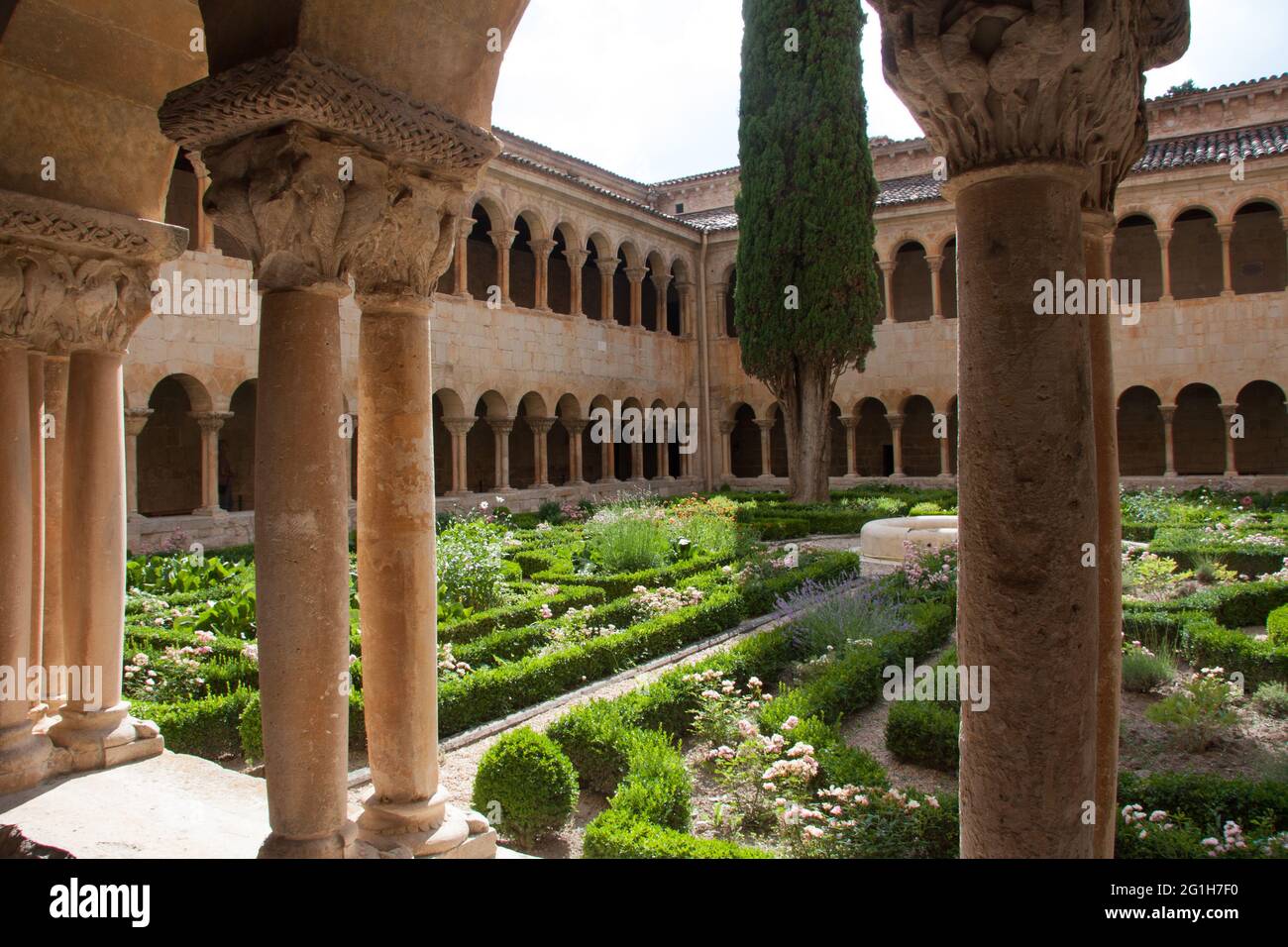 Romanesque monastery cloister in which column capitals with typical ...