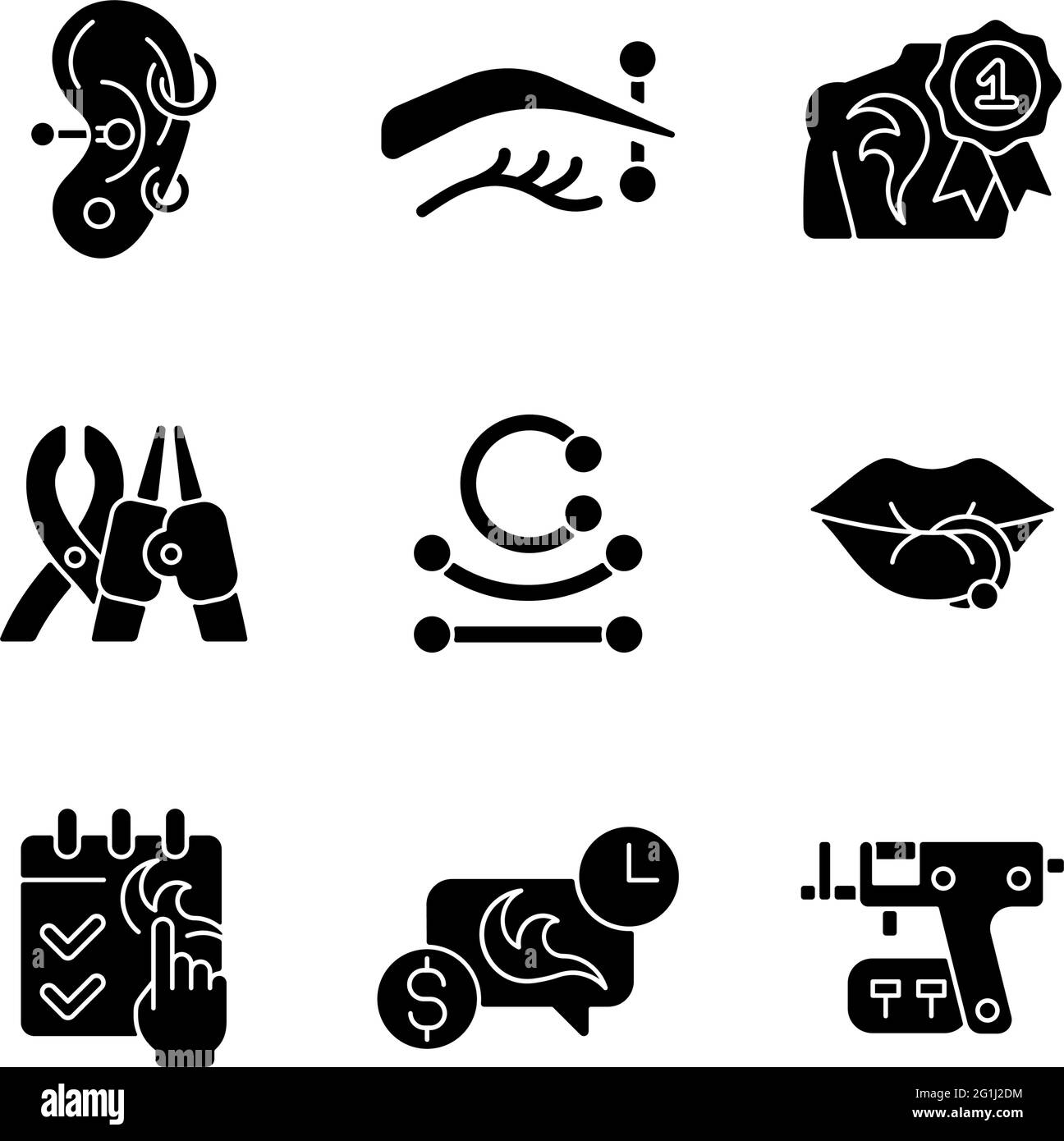 Tattoo and piercing creation black glyph icons set on white space Stock ...