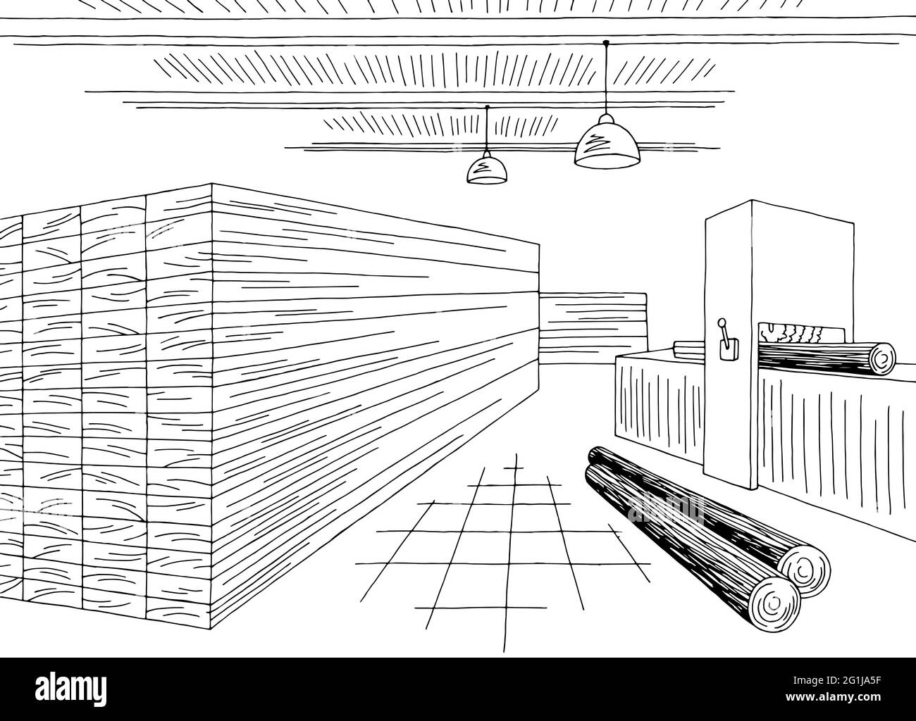 Sawmill interior graphic black white sketch illustration vector Stock ...