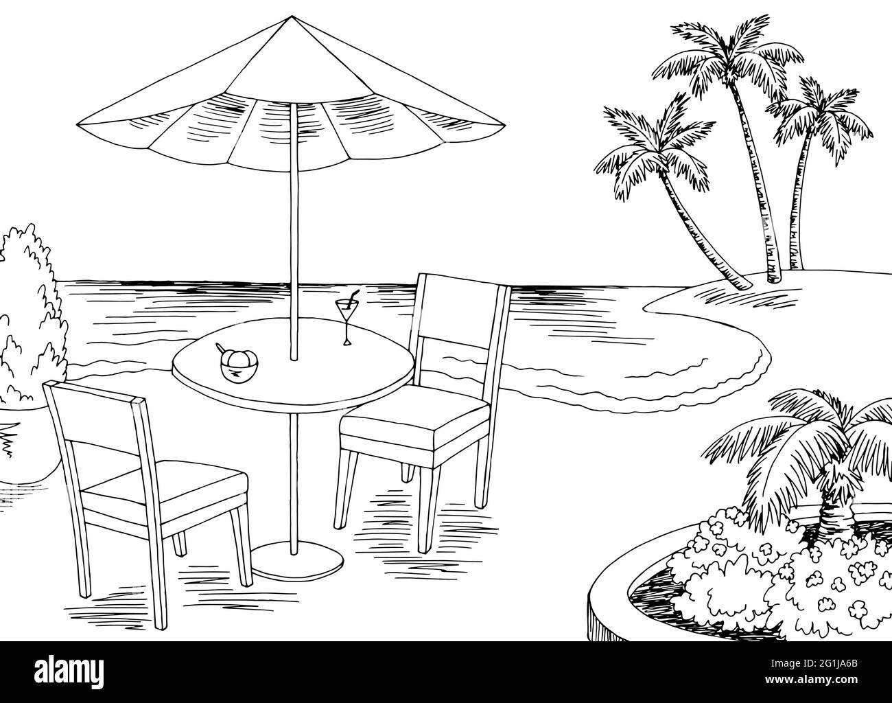Beach cafe graphic black white landscape sketch illustration vector ...