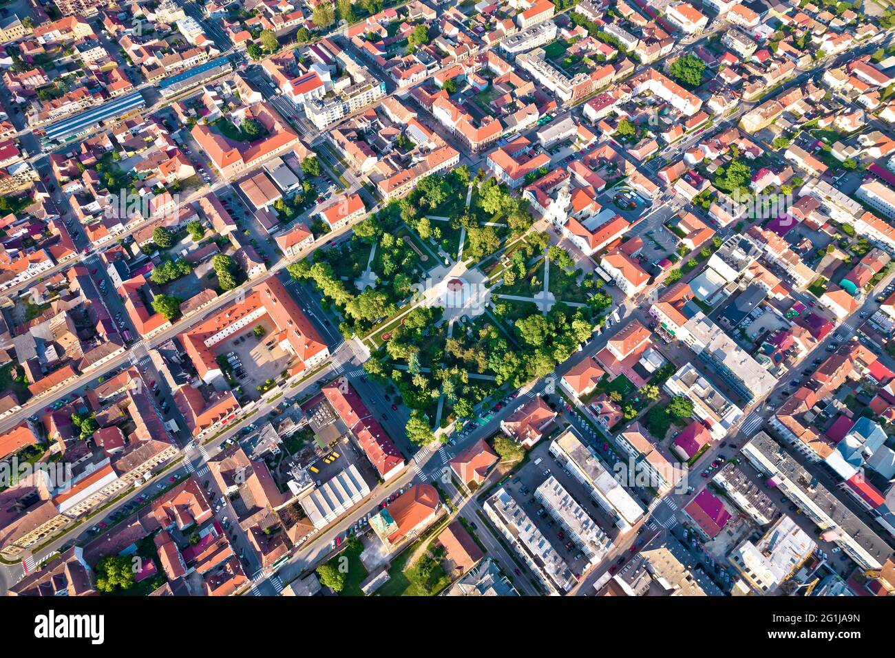 Bjelovar city center and central square aerial view, Bilogora region of ...
