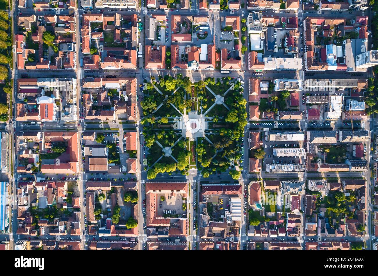 Bjelovar city center and central square aerial view, Bilogora region of ...
