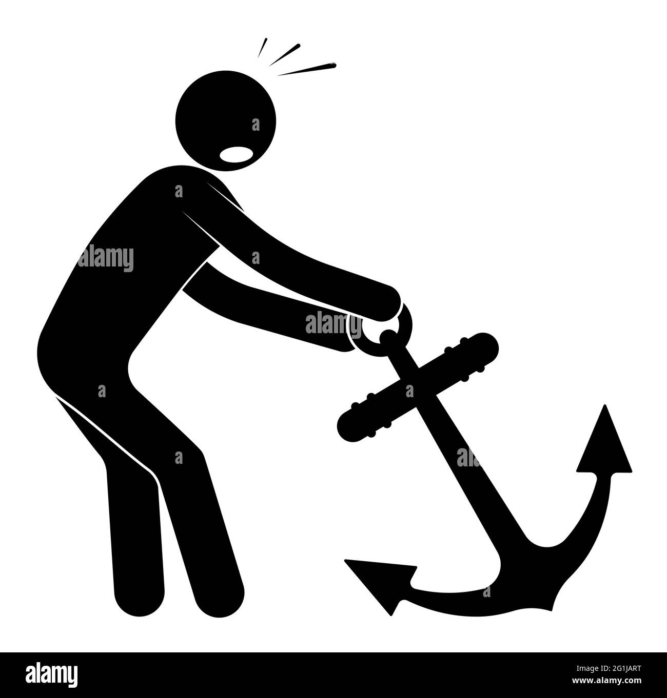 Sailor, stick man pulls heavy boat anchor. Performing an impossible ...