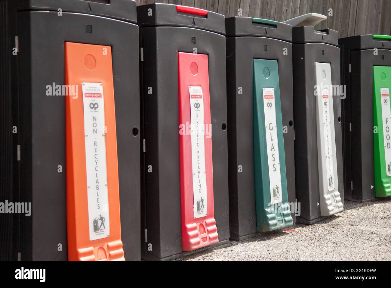 Recycling bins at Eden Project Botanical garden in Bodelva, Cornwall ...