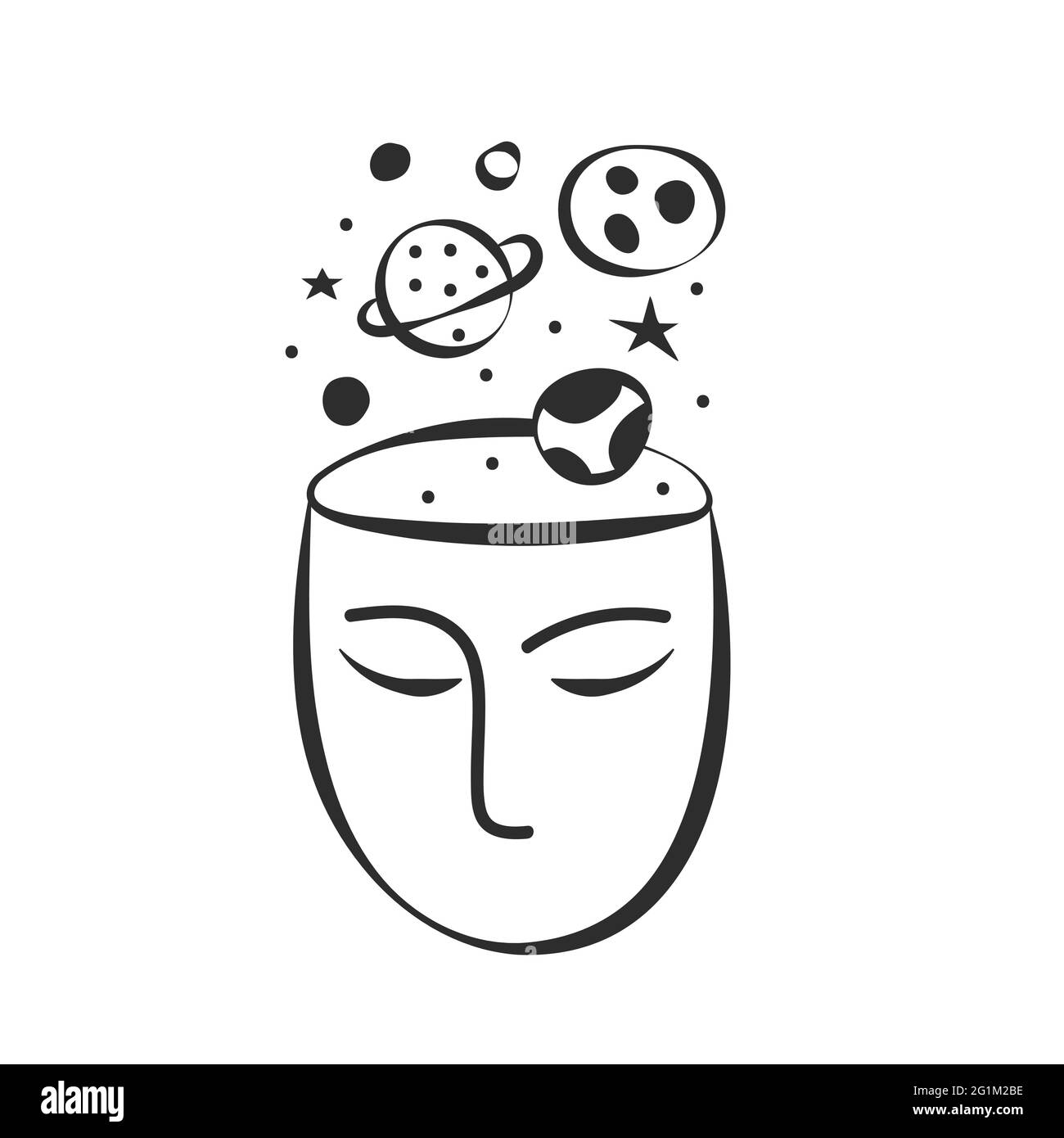 Face of man with cosmos in his head. Abstract doodle of dreaming person ...