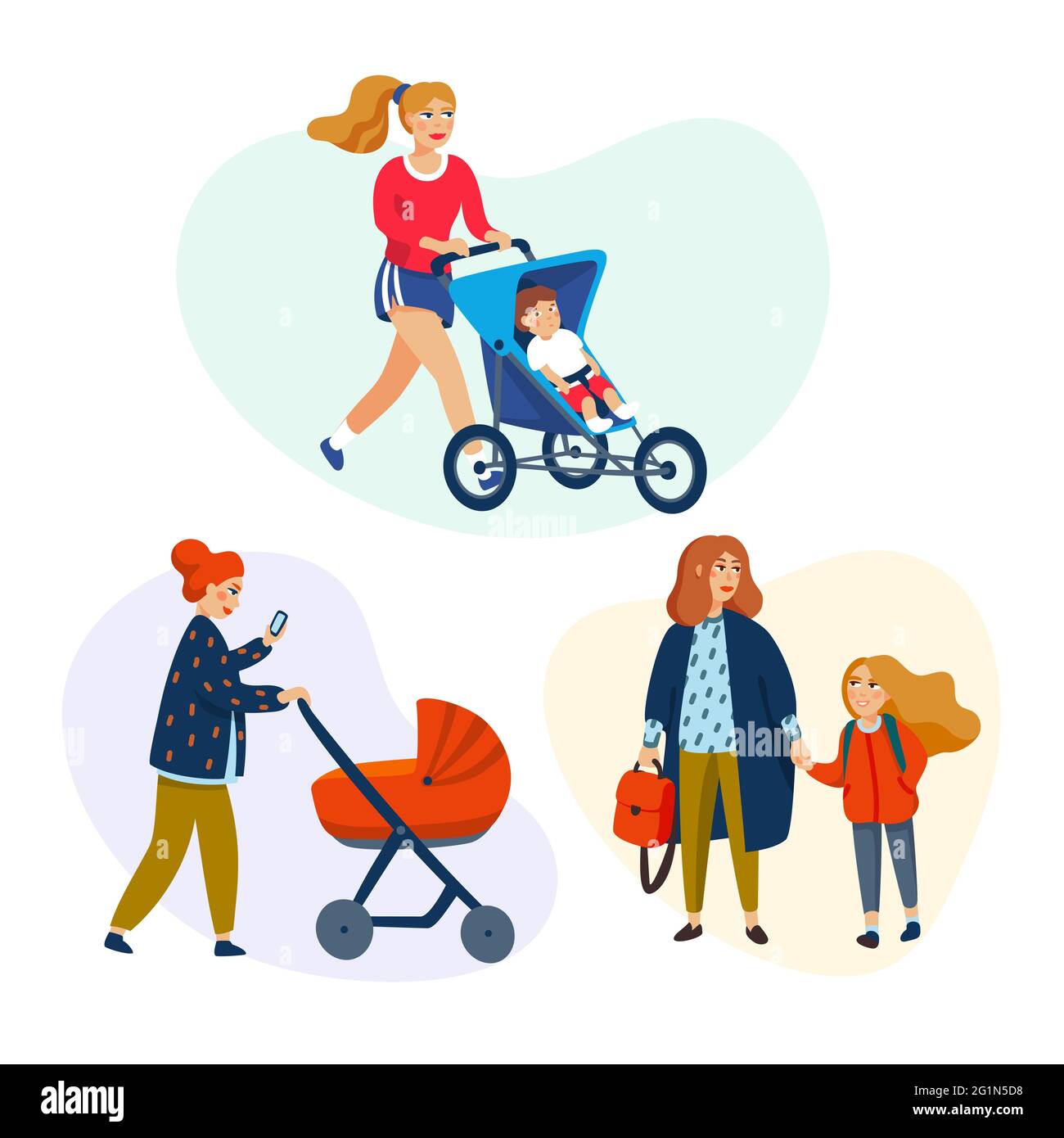 Active moms set. Active mothers with babies and baby carriage. Vector ...