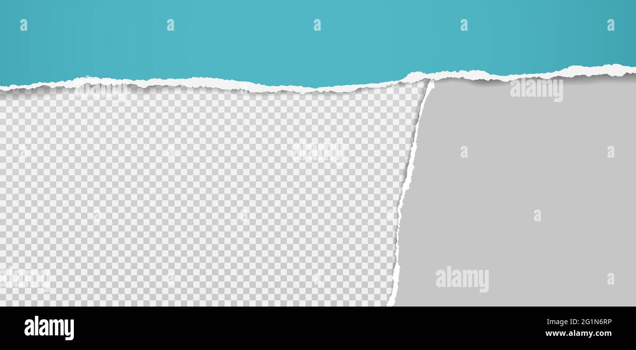 Torn, ripped turquoise and grey paper strips with soft shadow are on ...