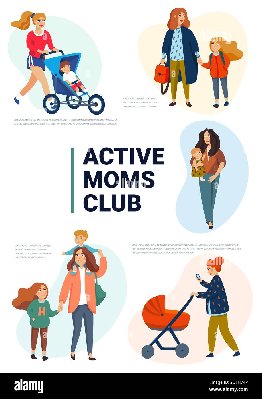Active moms club poster. Active mothers with babies and text place ...