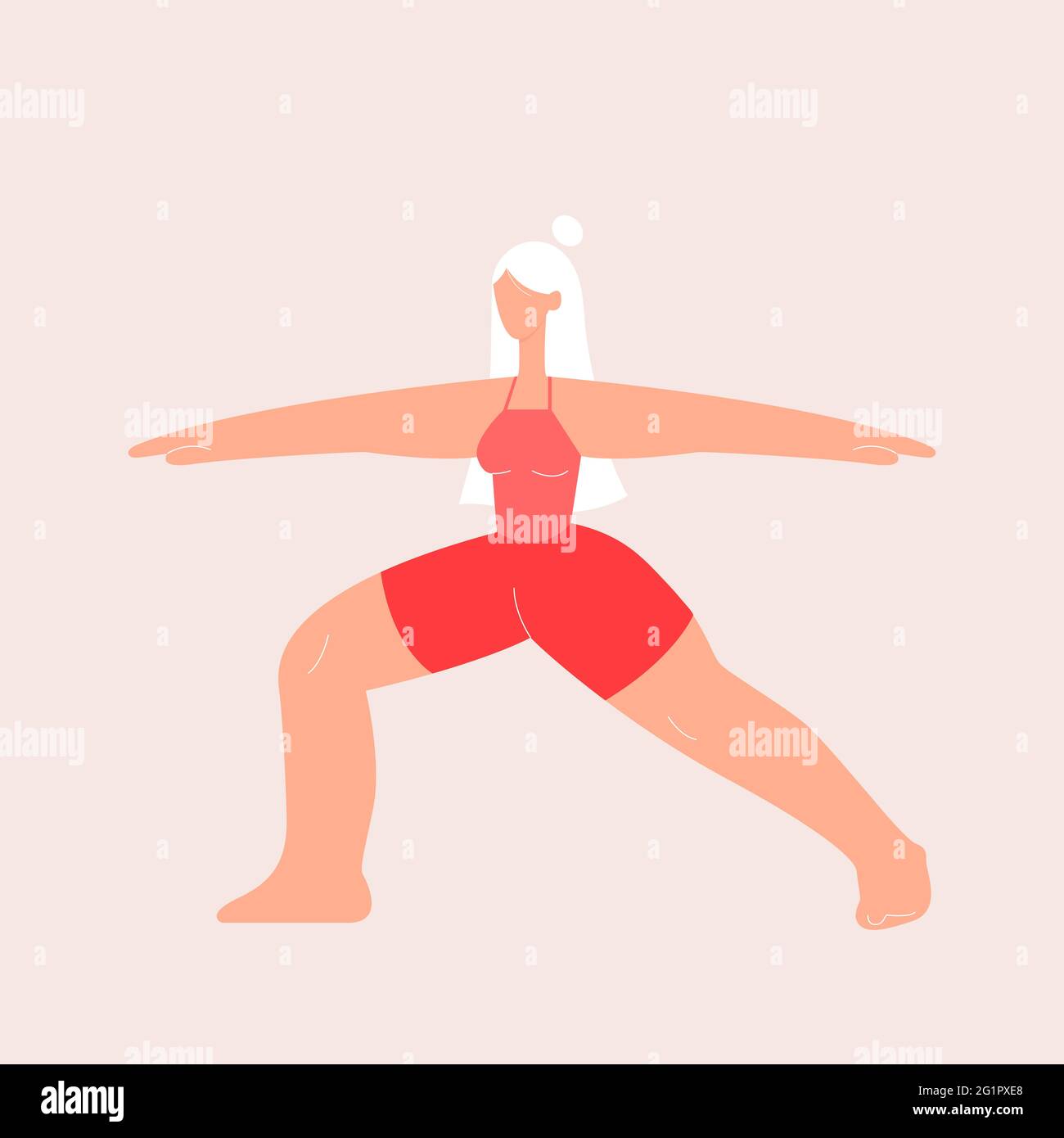 Young Woman in red swimwear doing Yoga. Feminine cartoon character in ...
