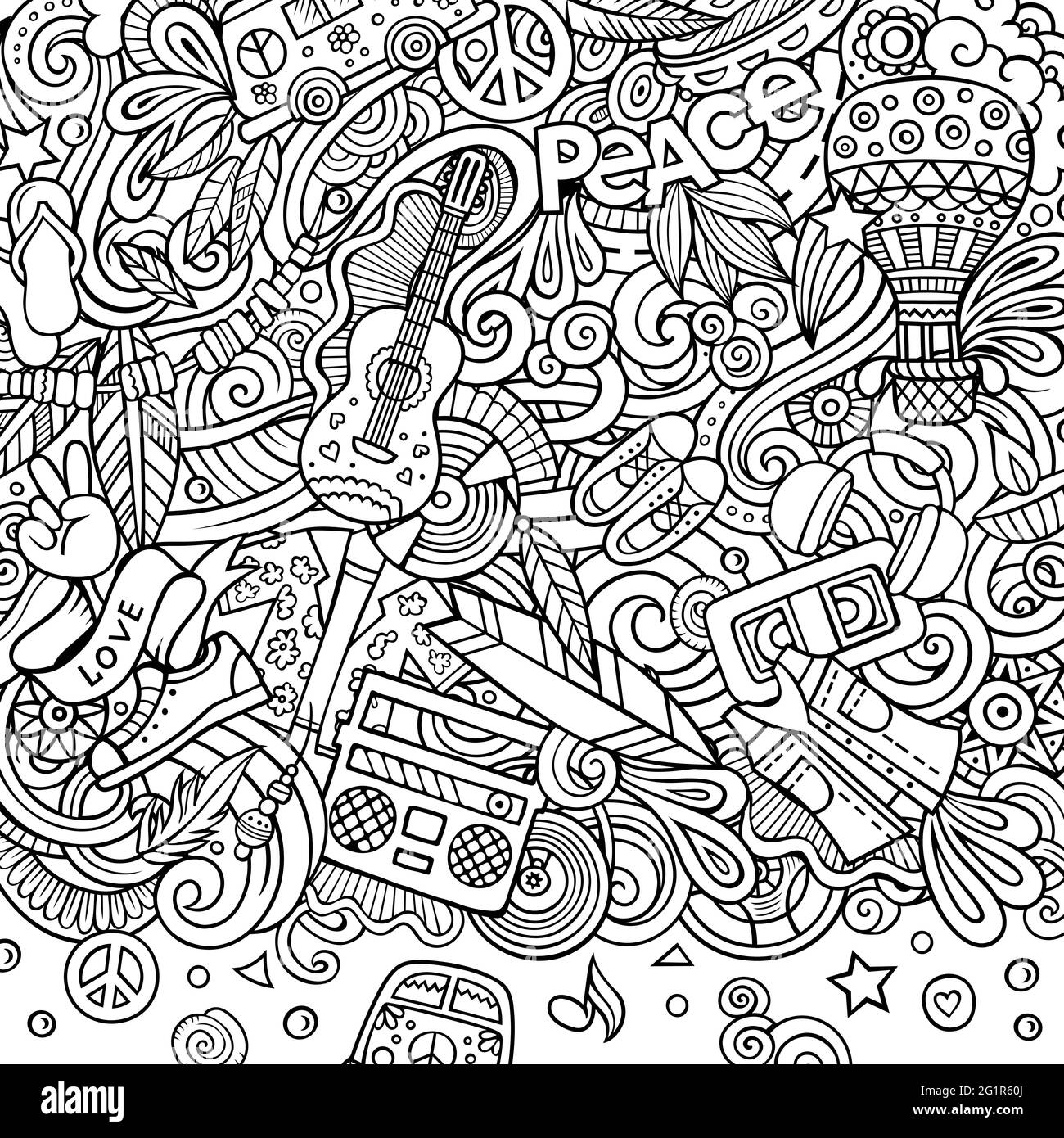 Hippie hand drawn vector doodles illustration. Hippy frame card design ...