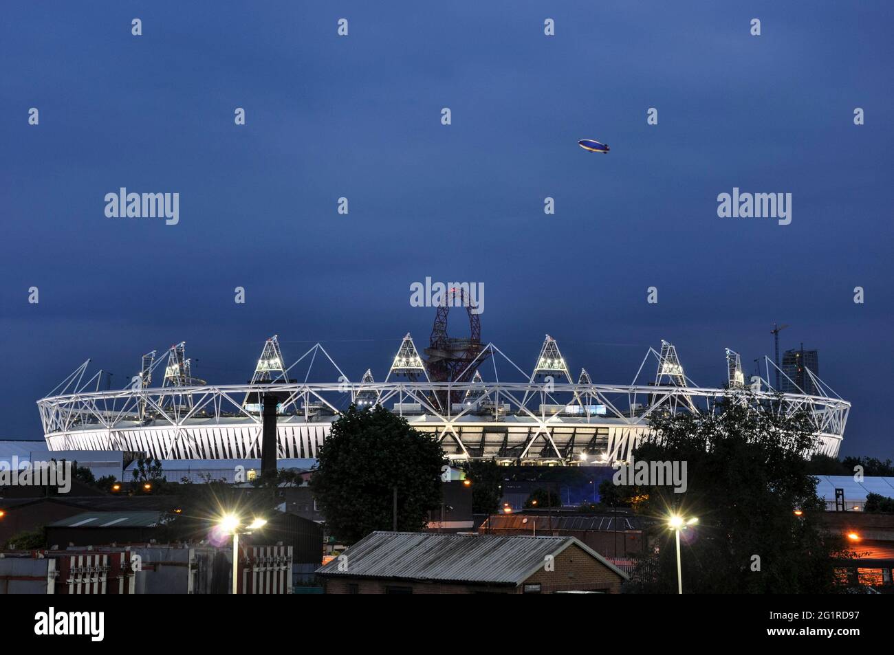 Goodyear Blimp filming for TV over the Olympic Stadium for the opening ...