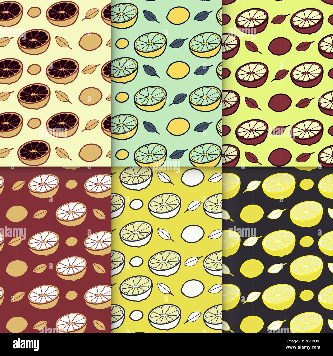 Set of seamless lemon pattern collection. Lemon doodle pattern with six ...