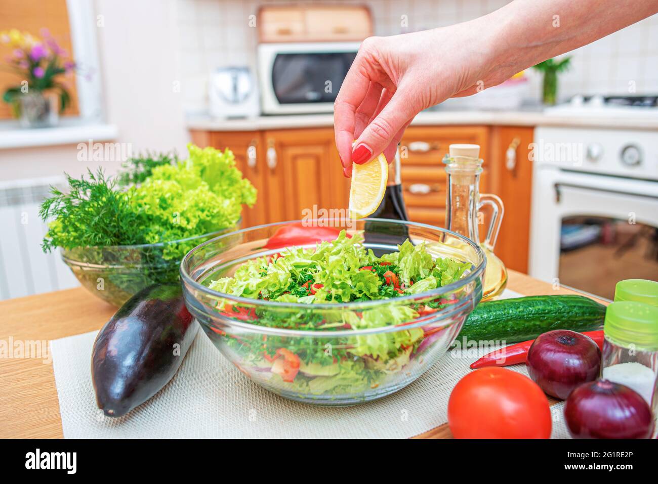 Healthy food products on the table in the kitchen Stock Photo - Alamy
