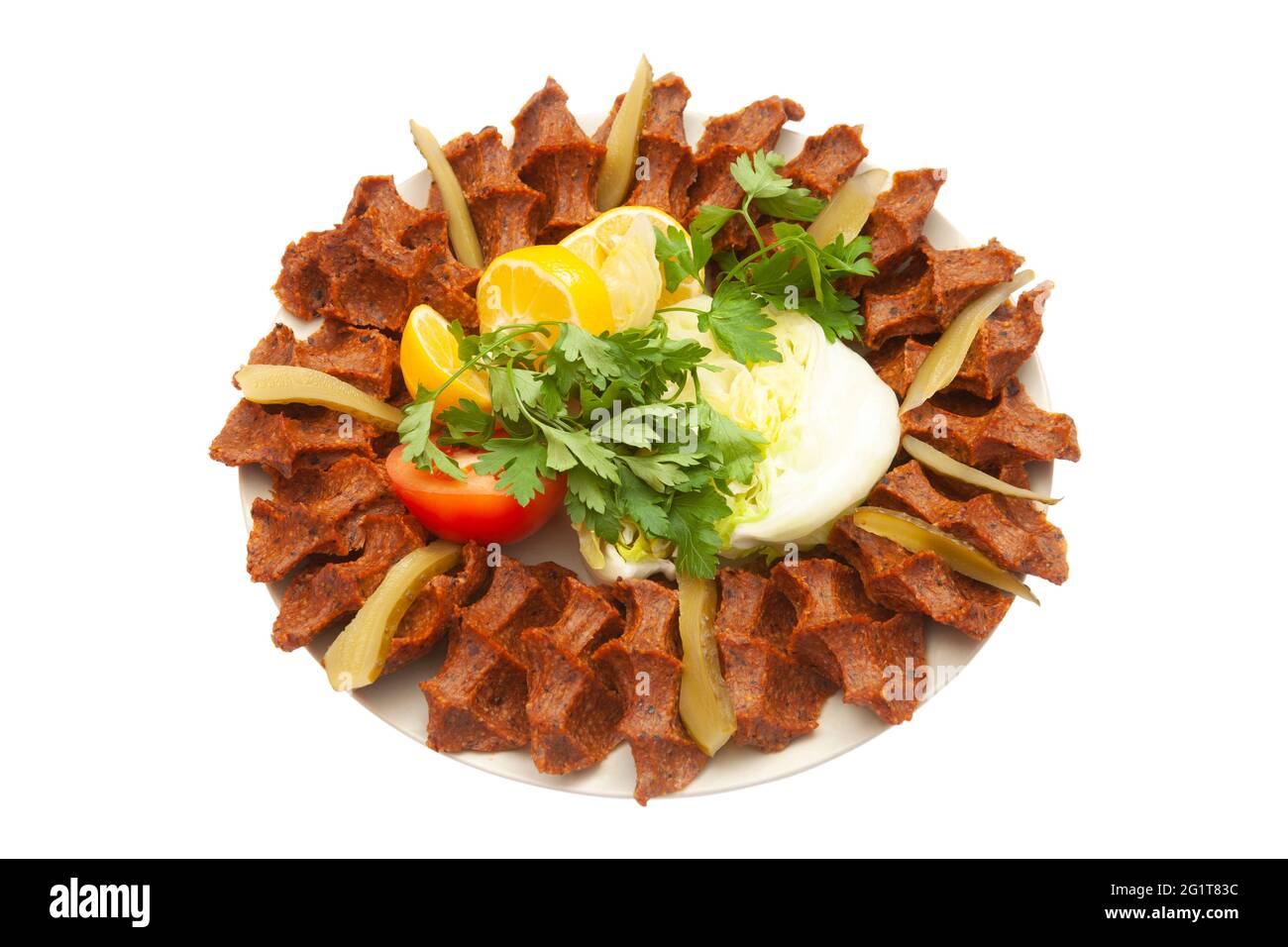 A famous Turkish traditional food, Raw Kofta "Cig Kofte" on plate Stock ...