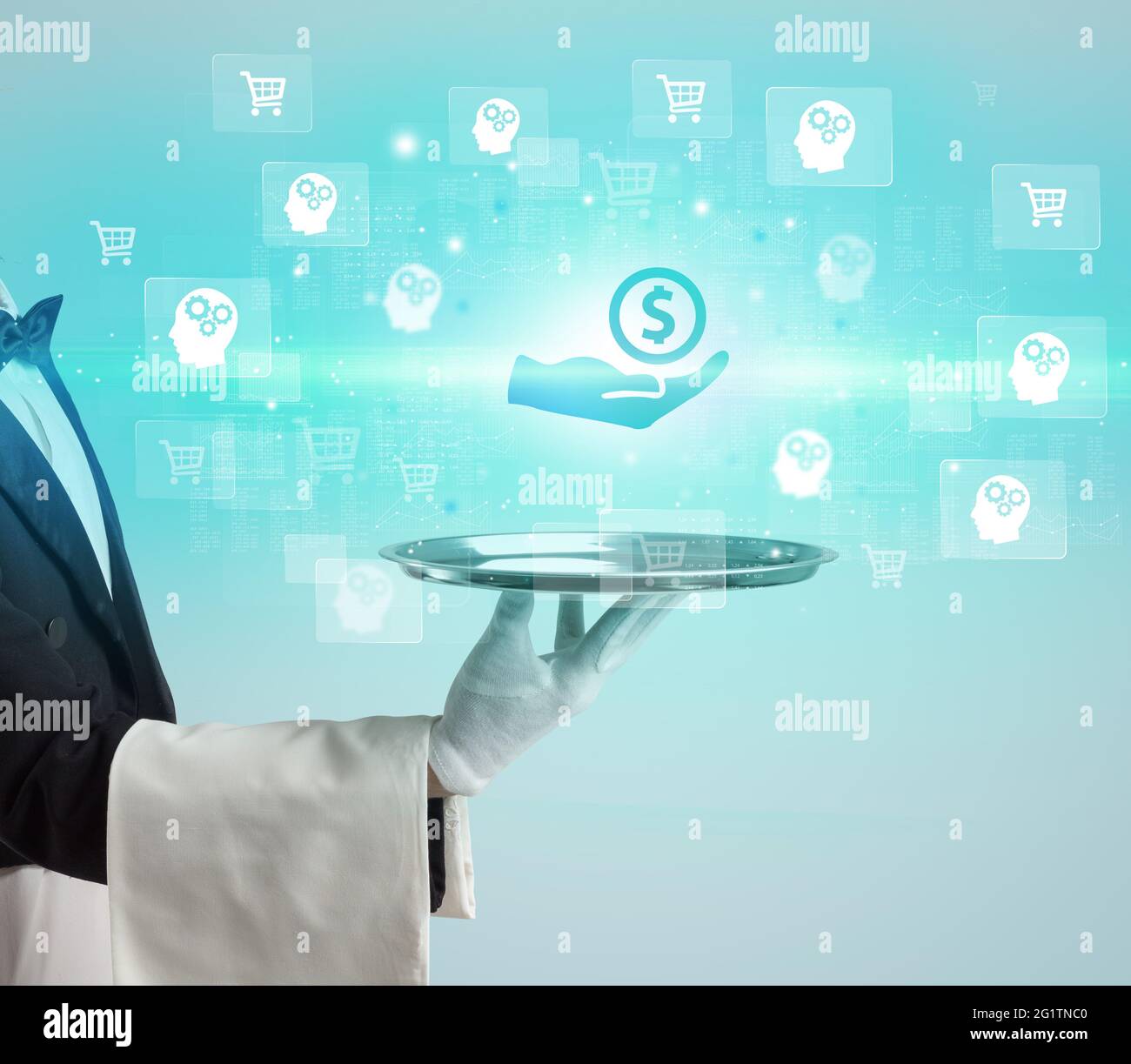 Waiter serving business idea concept Stock Photo - Alamy