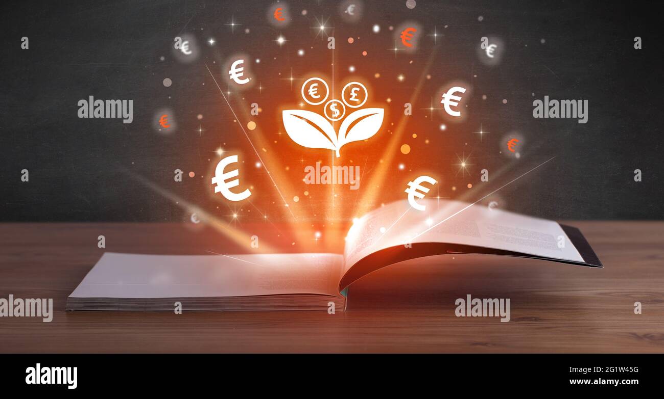 Open book with currency icons above Stock Photo - Alamy
