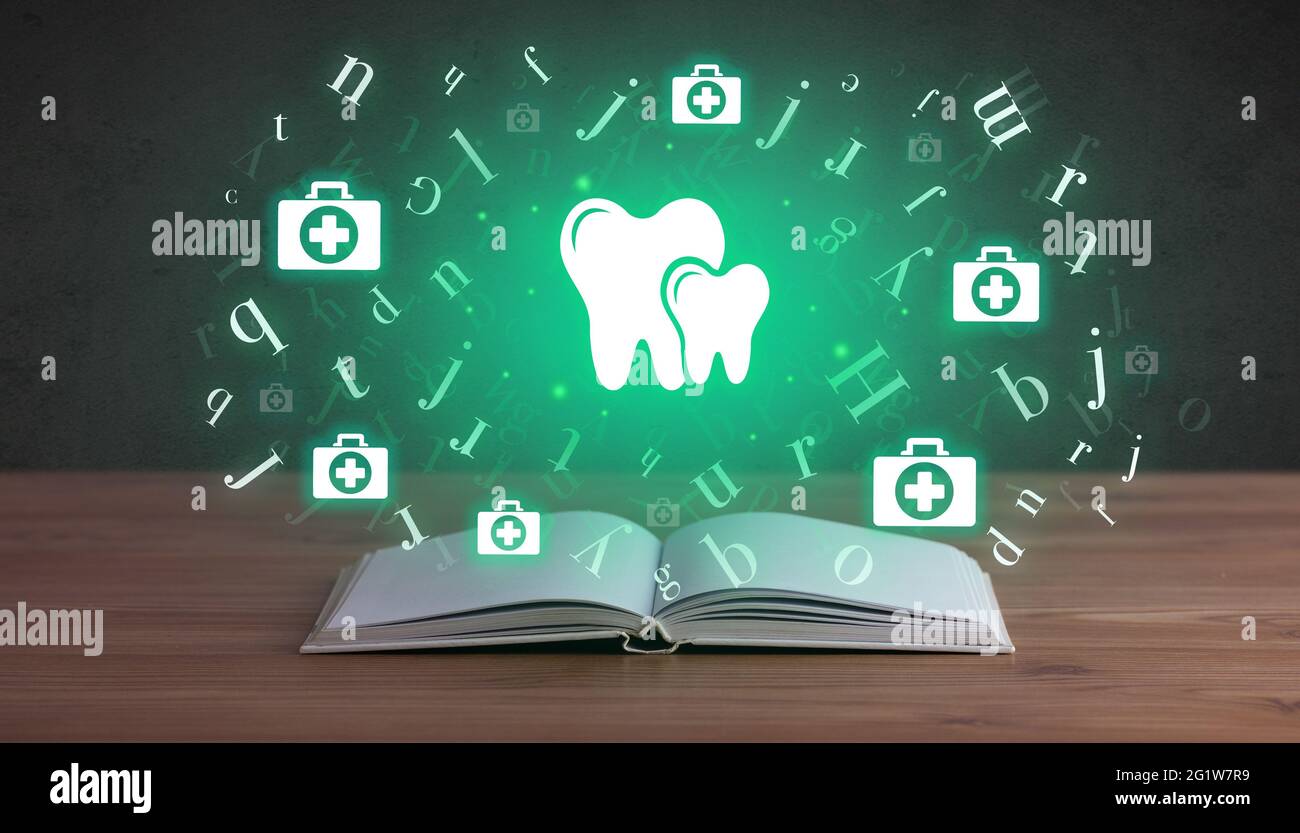 Open medical book with health icons above Stock Photo - Alamy