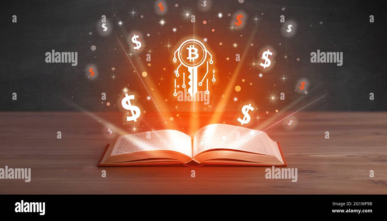 Open book with currency icons above Stock Photo - Alamy
