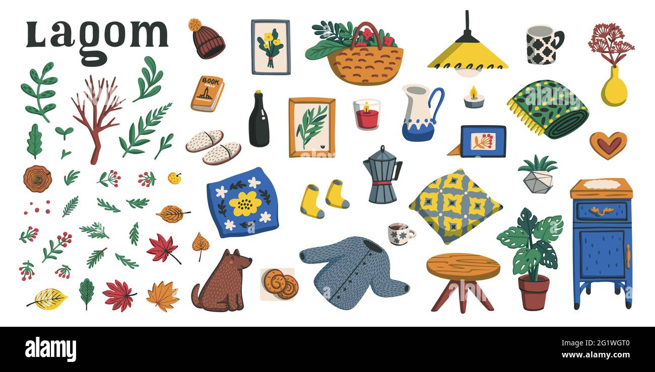 Lagom. Concept of Scandinavian lifestyle. Big set with lagom lettering ...