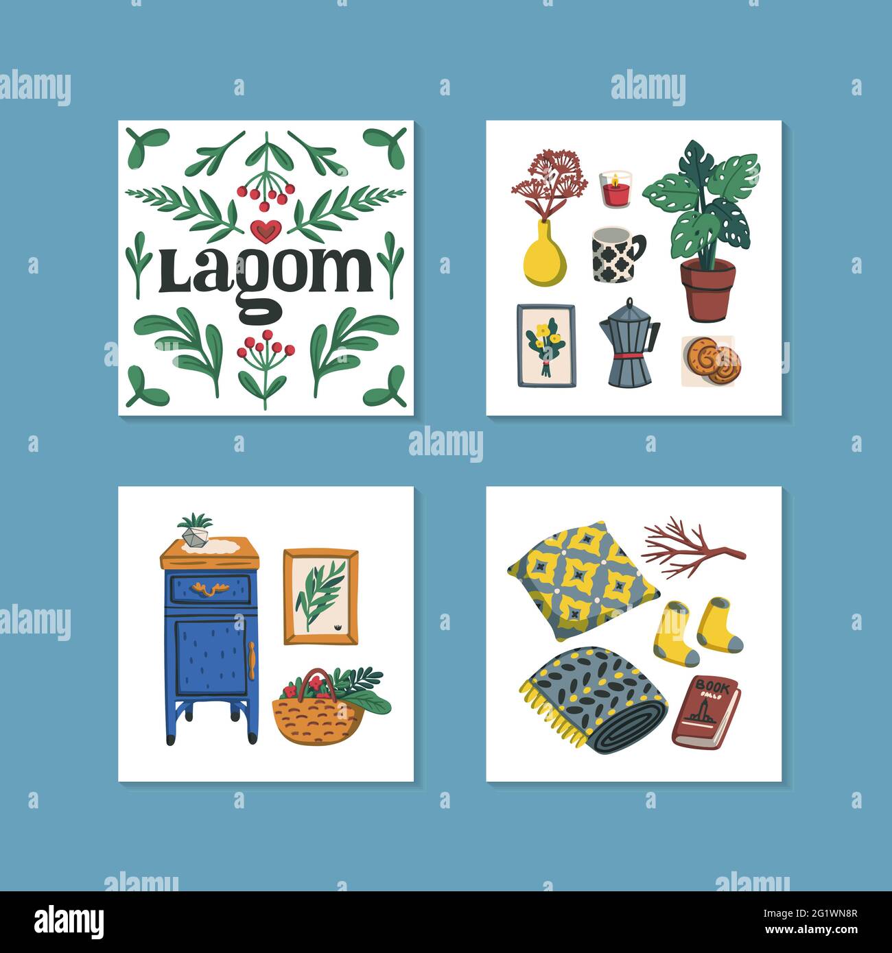 Lagom. Concept of Scandinavian lifestyle. Mini cards with lagom ...