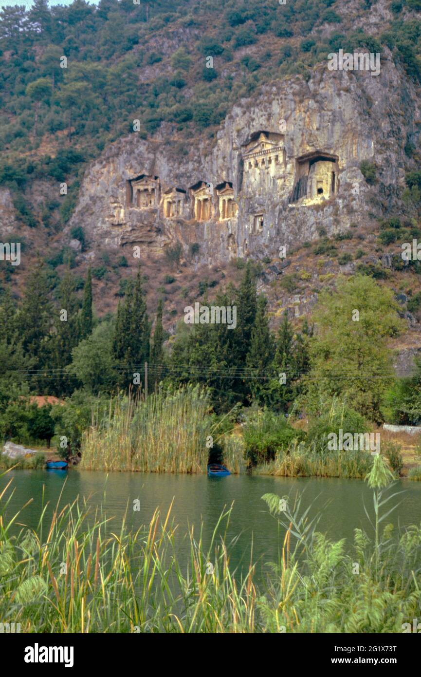 Kaunos - ruins of ancient town In Anatolia, Turkey. Six rock tombs on ...
