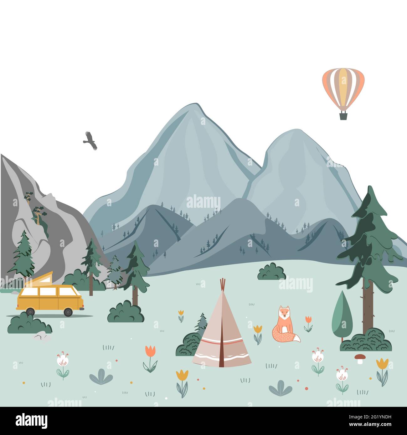 Summer camping landscape. Morning in the mountains. Weekend in the tent ...