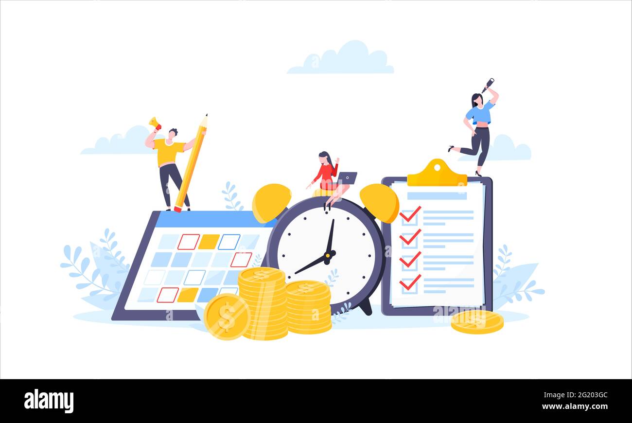 Time is money or saving money business concept. Tiny people working ...