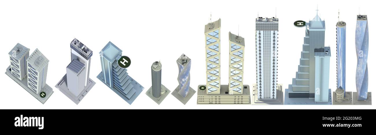 Set of fine detailed abstract skyscrapers with fictional design and ...