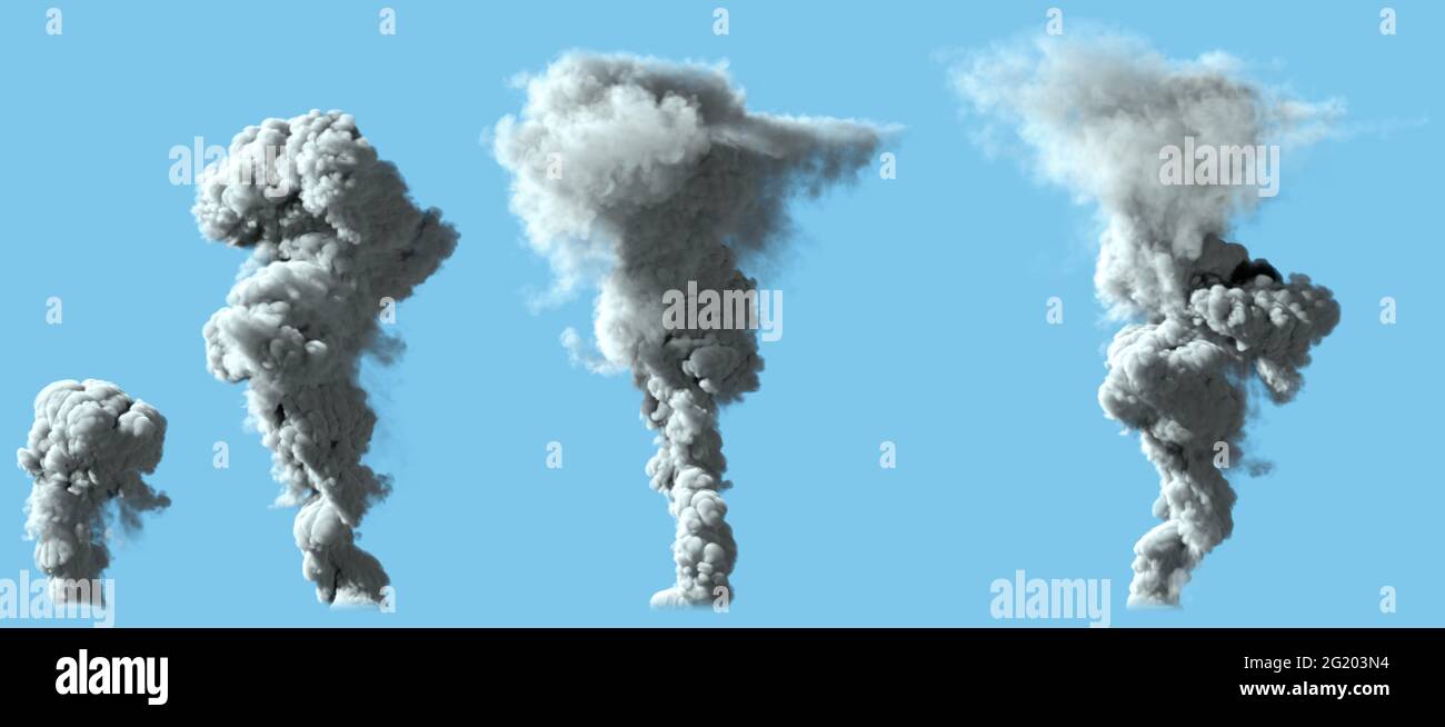 4 renders of heavy bright smoke column as from volcano or huge ...