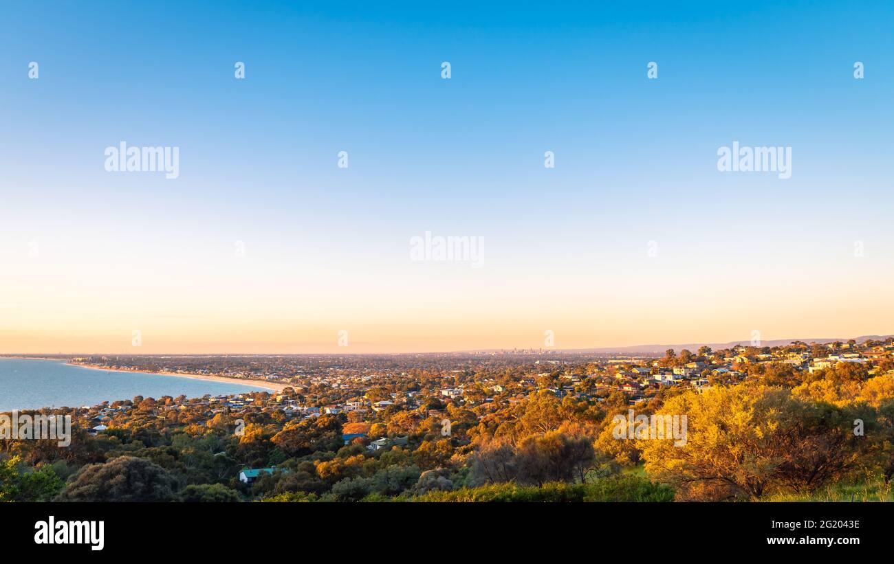 Adelaide skyline viewed from the hill at sunset, South Australia Stock ...