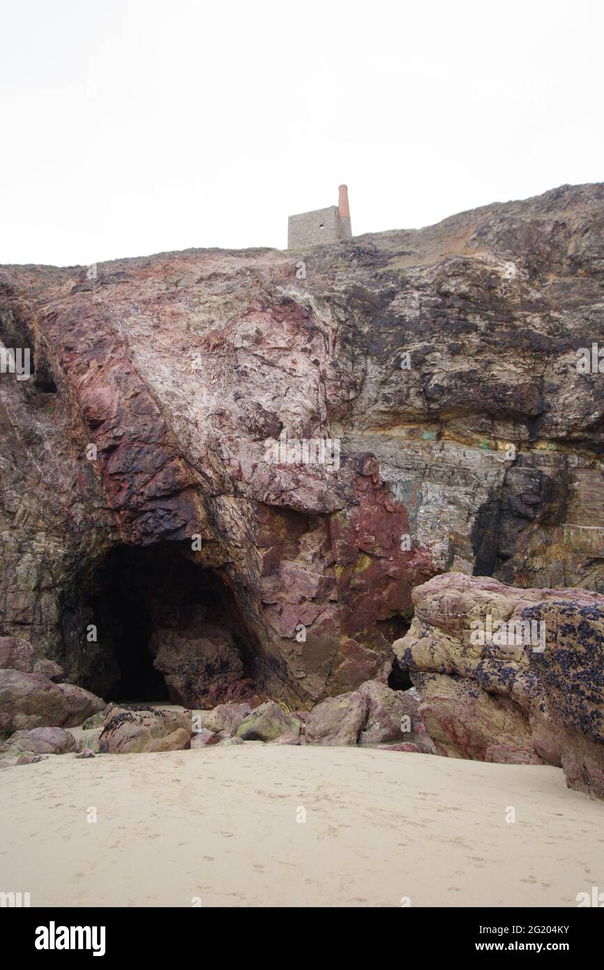 Wheal Coates Engine Pump House atop the Sea Cliff, Sea Cave Adit ...