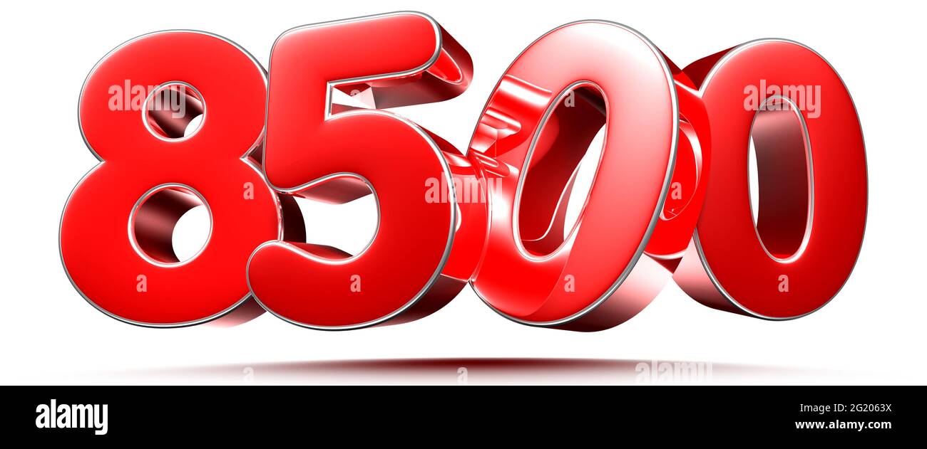 Rounded red numbers 8500 on white background 3D illustration with ...