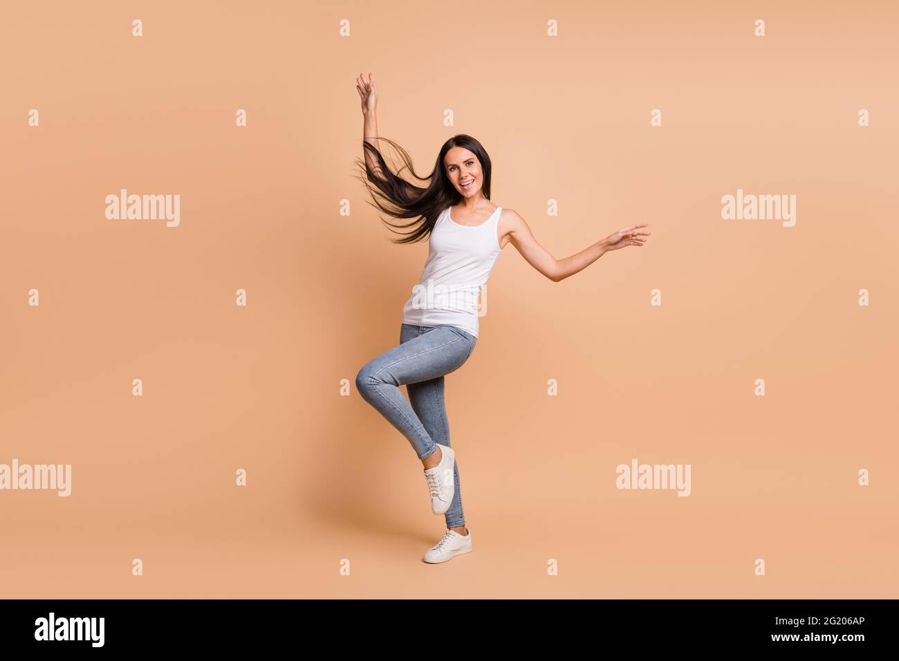 Full length photo portrait of girl dancing standing on one leg isolated ...