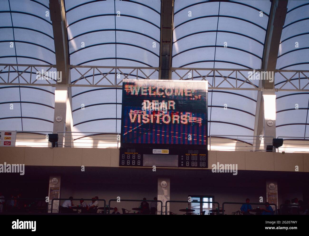 Inside the tennis stadium the sign Welcome Dear Visitors Stock Photo ...