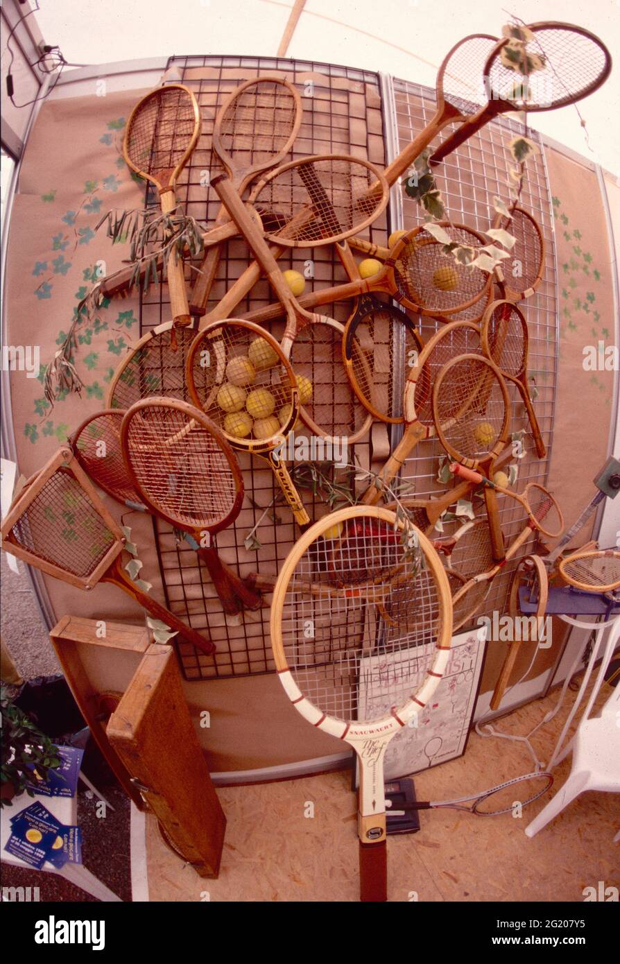 Set of old wooden tennis rackets, 2000 Stock Photo - Alamy
