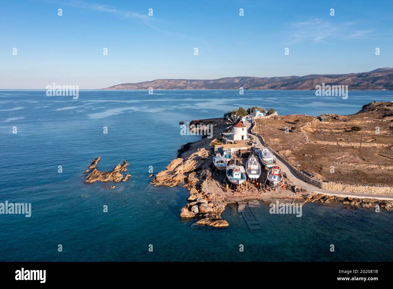 Greece. Ano Koufonisi island, Small Cyclades. Old shipyard for wooden ...