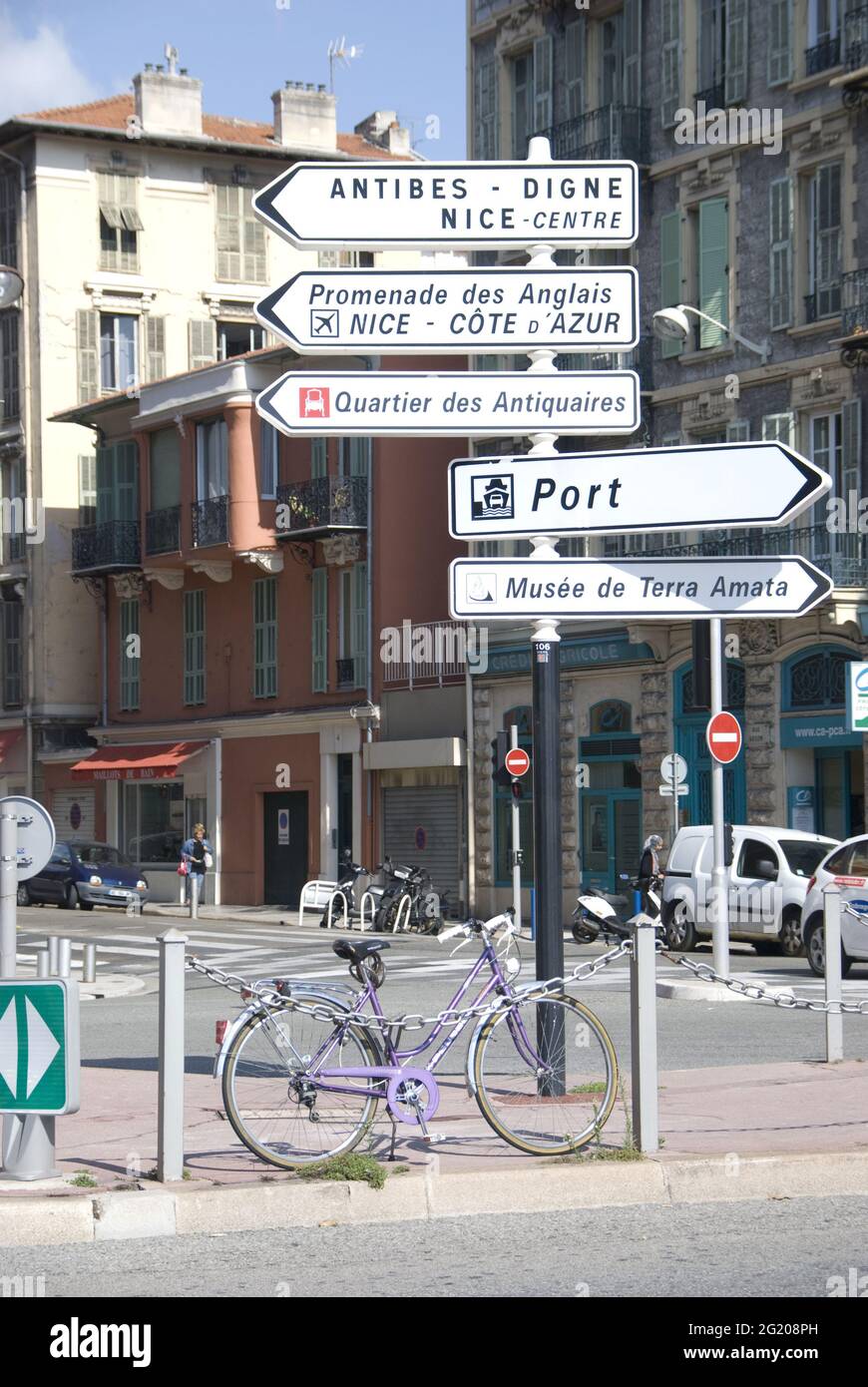 NICE, FRANCE - Oct 08, 2012: Traffic signs and directions arrows in ...