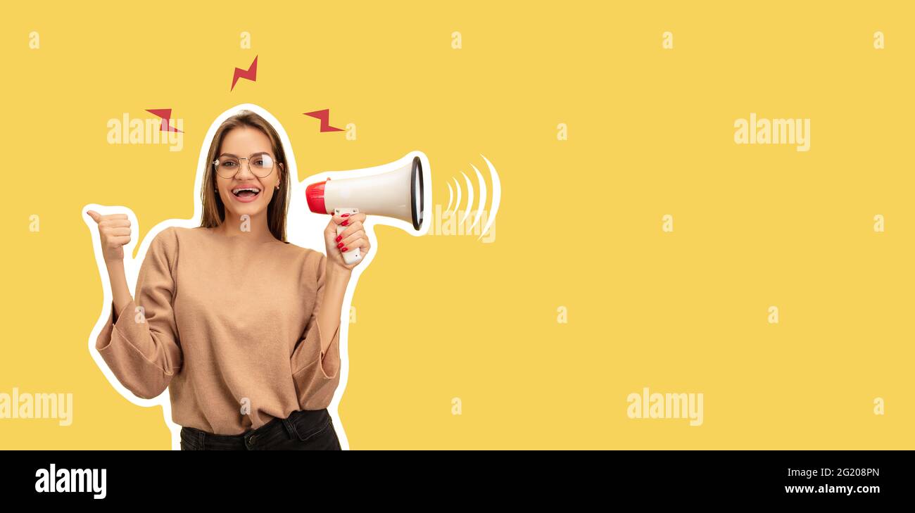 Portrait of young woman with megaphone on studio background in magazine ...