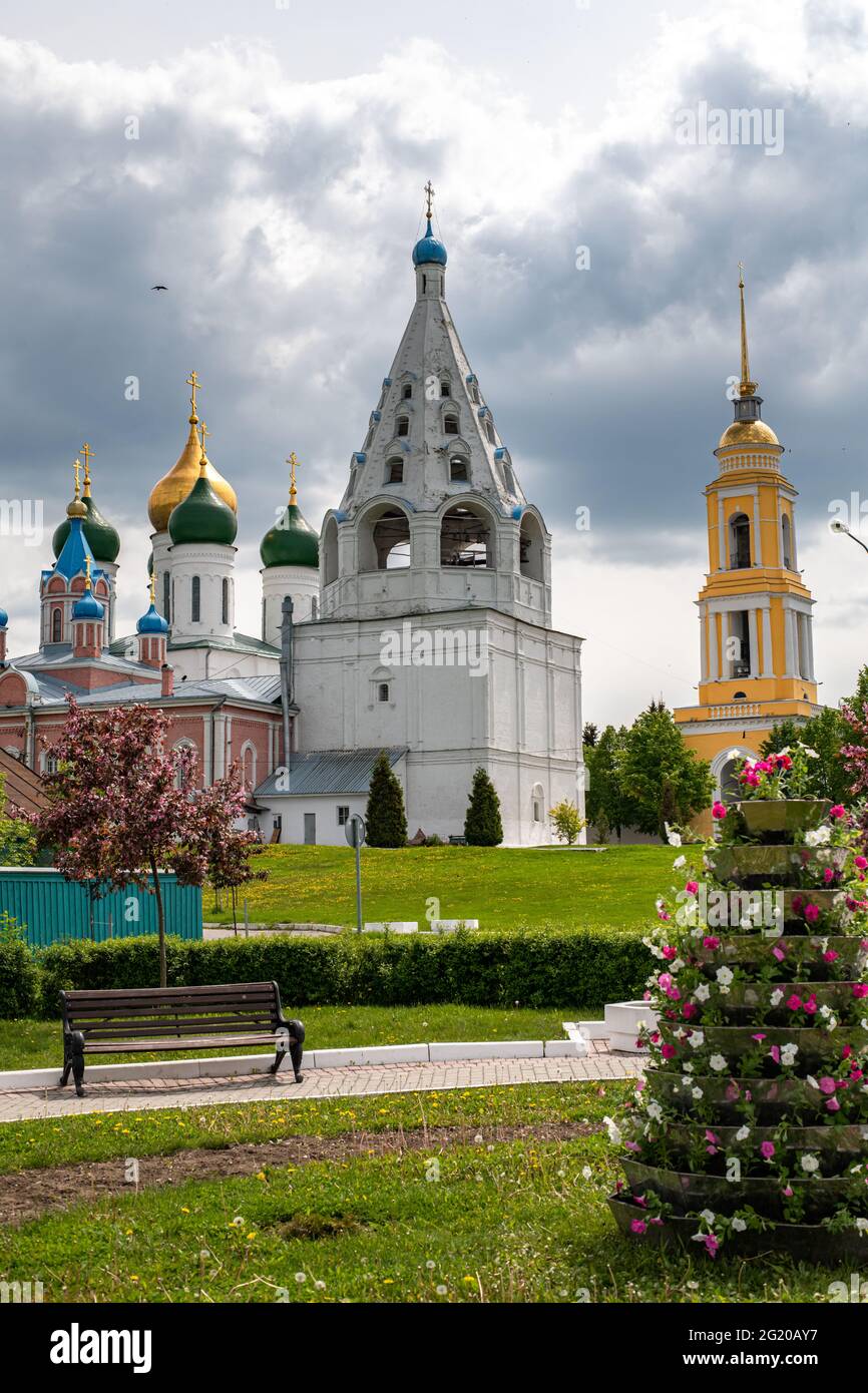 Towers and dome of temples and churches with white walls in Kolomna at ...