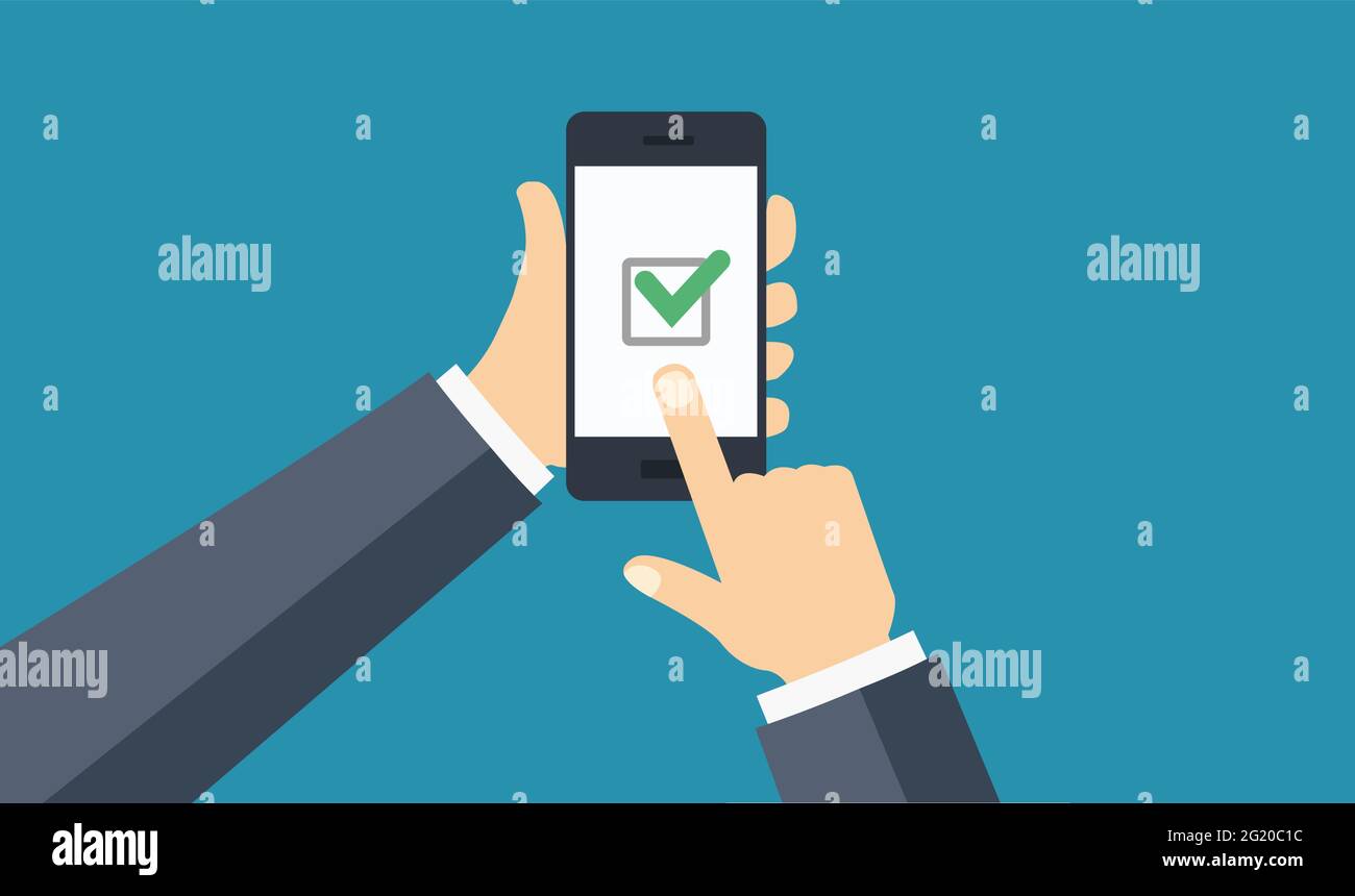 Hand holding black mobile phone with check mark tick OK on the screen ...