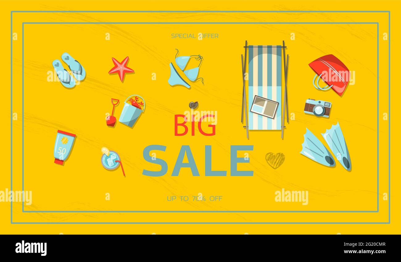 Vector banner for the summer sale. A bright flat illustration of the ...