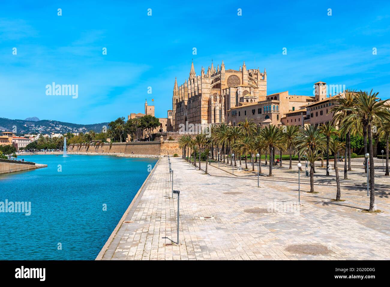 Artificial pond in Parc de La Mar and famous La Sue Cathedral under ...