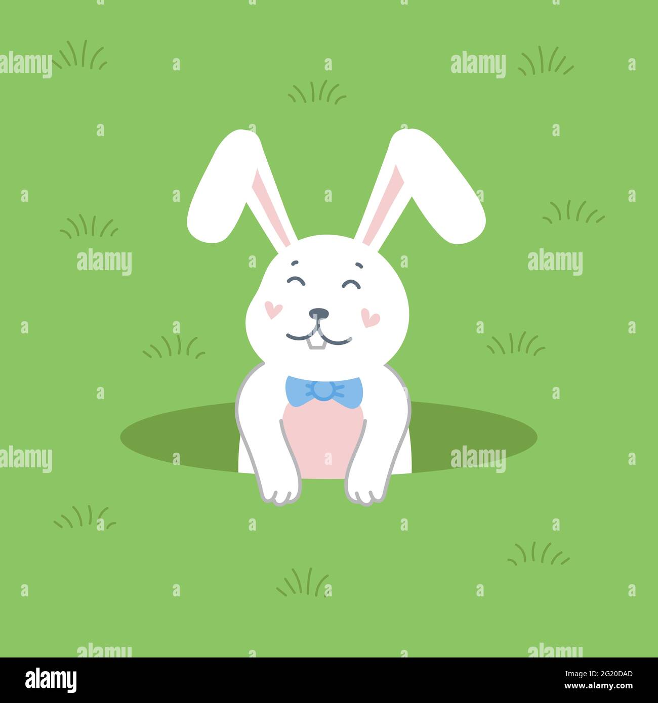 Cute white rabbit popping out of a hole. Easter cartoon bunny on green ...