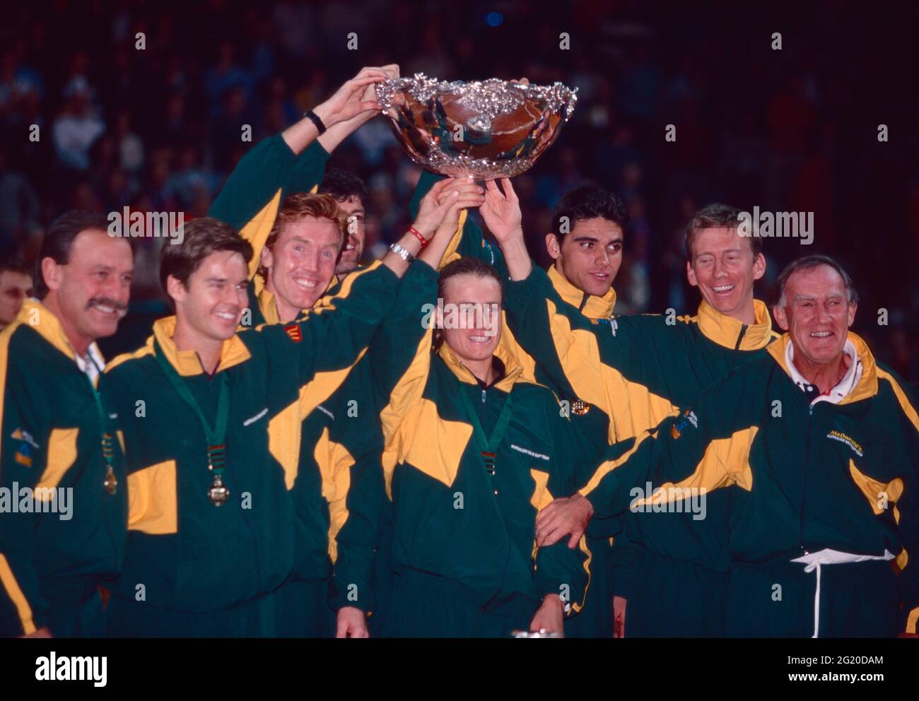 The Australian tennis team at the award ceremony with the trophy, Davis ...