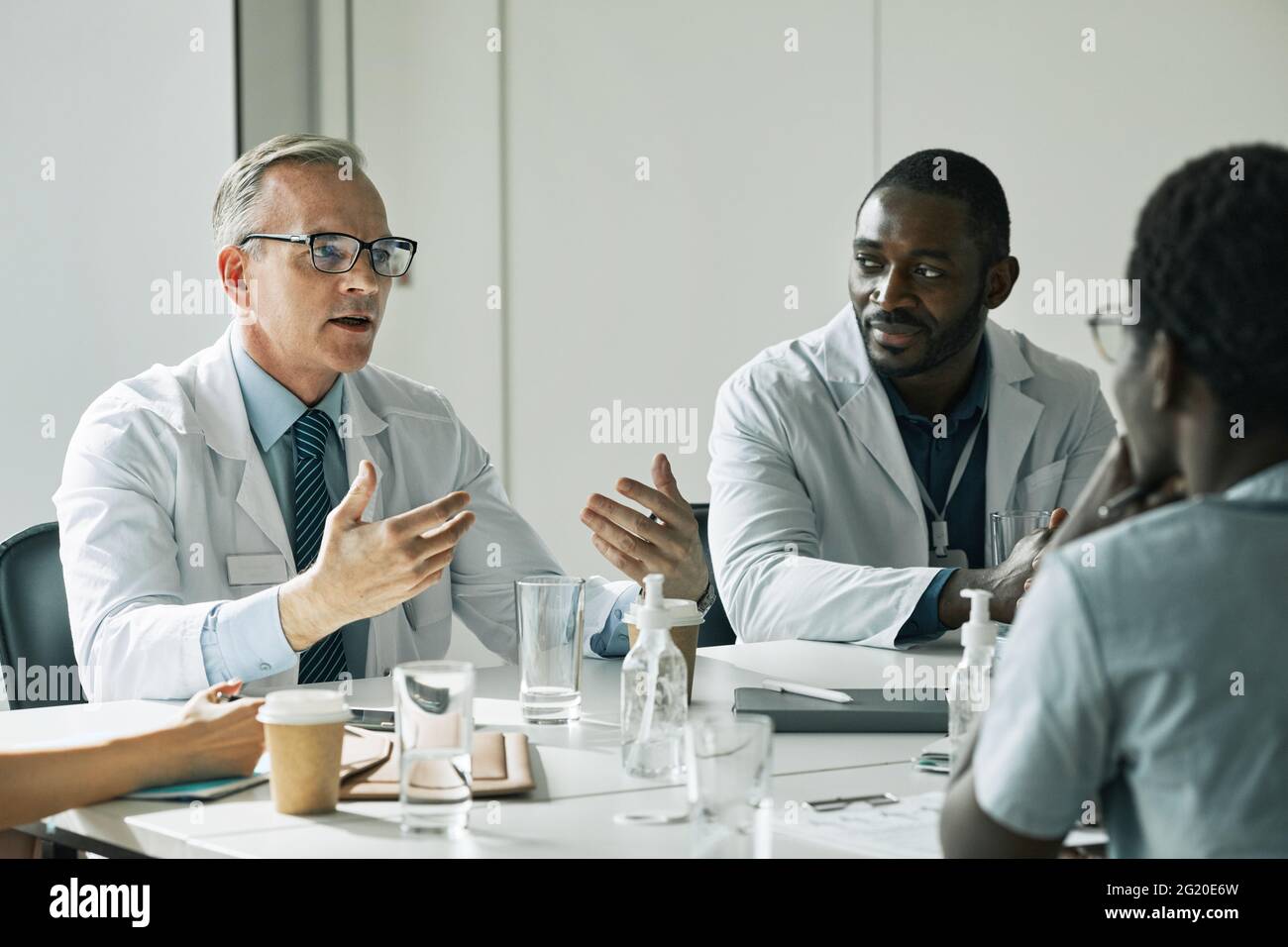 Portrait of mature doctor sitting at meeting table in conference room ...